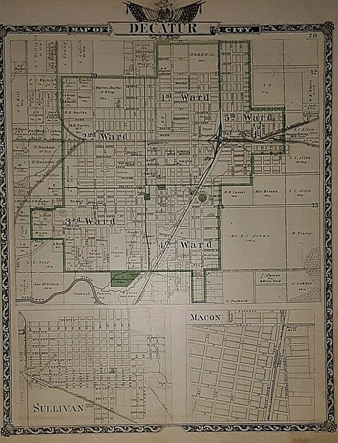 1876 RAILROAD, CITY & County Map ~ DECATUR, ILLINOIS ~ LOGAN Co. on ...