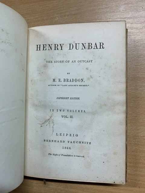 RARE 1864 M E Braddon " Henry Dunbar " Vol 2 Antique Fiction Livre ...