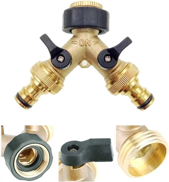 3/4& TWO WAY Brass Tap Connector Dual Hose Splitter Faucet Adaptor Twin ...