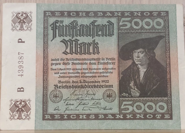 REICHSBANKNOTE FÜNFTAUSEND MARK 2.12.1922 Historischer Geldschein B ...