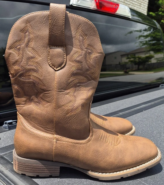 MENS BROWN LEATHER Western Cowboy Boots Pull-On Square Toe Embroidered ...