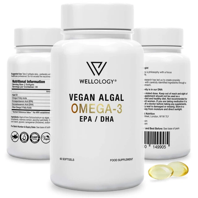 VEGAN OMEGA 3-1200MG Fermented Algae Oil - High Strength EPA DHA 60 ...