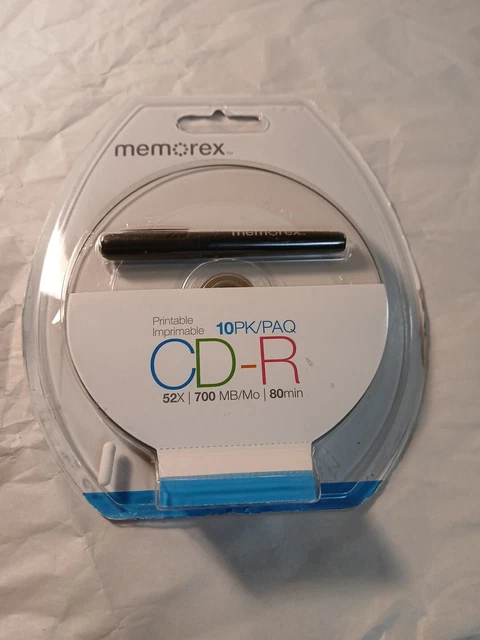 MEMOREX PRINTABLE CD-R 52x 700MB 80 Minute 10-Pack White Sealed with ...