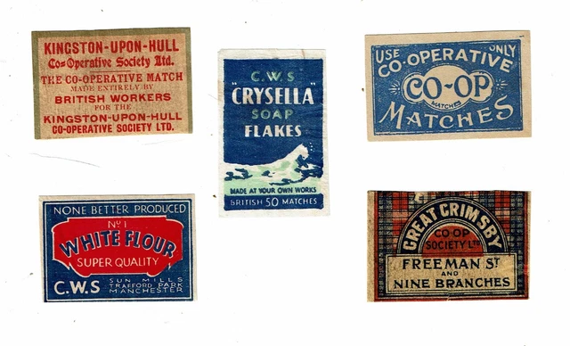 5 OLD BRITISH early 1900s matchbox label 5 panels Co op Kingston upon ...