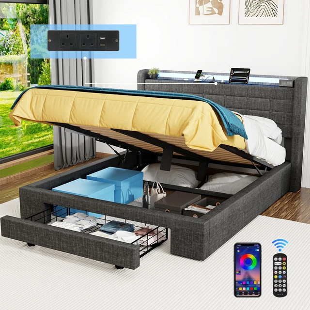 NEW OTTOMAN STORAGE UPHOLSTERED BED FRAME WITH SOCKET & LED LIGHT ...