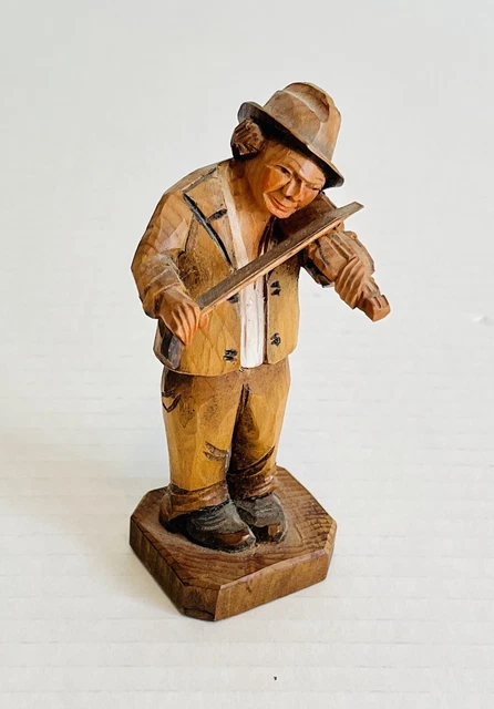 VINTAGE BLACK FOREST Hand Carved Wood Figure Sculpture Man Playing ...