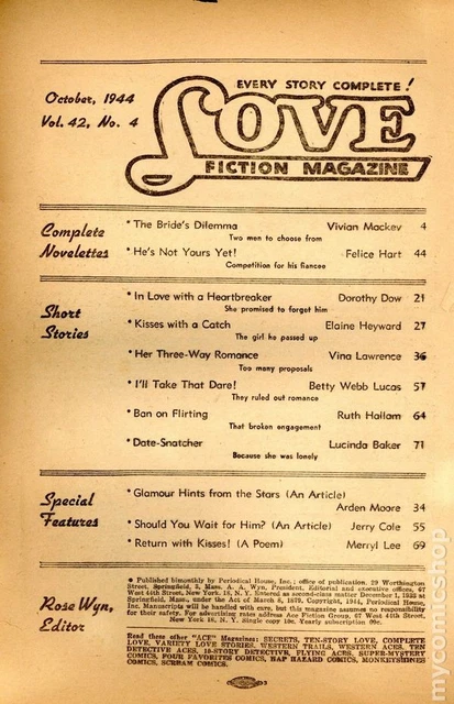 LOVE FICTION MONTHLY Pulp Oct 1944 Vol. 42 #4 GD/VG 3.0 Low Grade £8.15 ...