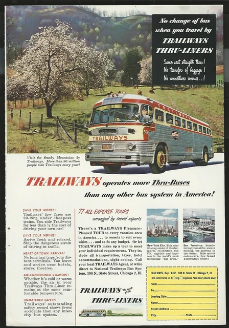 1952 TRAILWAYS BUS advertisement, Trailways bus lines, Thru-Liner $4.99 ...