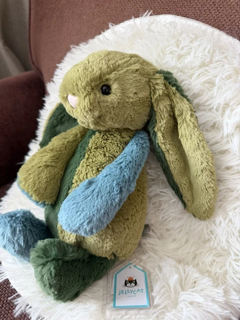 JELLYCAT BASHFUL PATCHWORK Basil Bunny & tag protector Retired Brand ...
