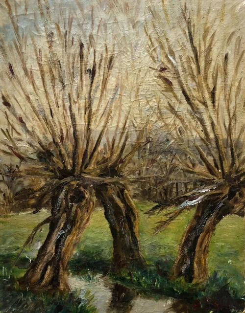 TABLEAU ANCIEN SIGNÉ, Saules En Bord De Rivière, Huile Sur Toile ...