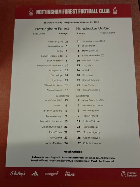 NOTTINGHAM FOREST VS. Manchester United OFFICIAL TEAMSHEET 2025-26 MINT ...