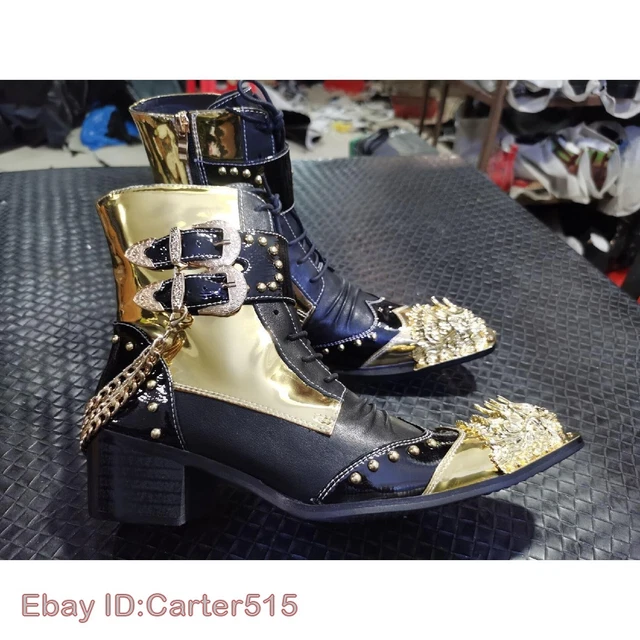 GOLDEN METAL POINTY Toe Fashion Shoes Mens Party Real Leather Chain ...