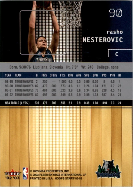 2002-03 HOOPS STARS Minnesota Timberwolves carte basket-ball #90 Rasho ...