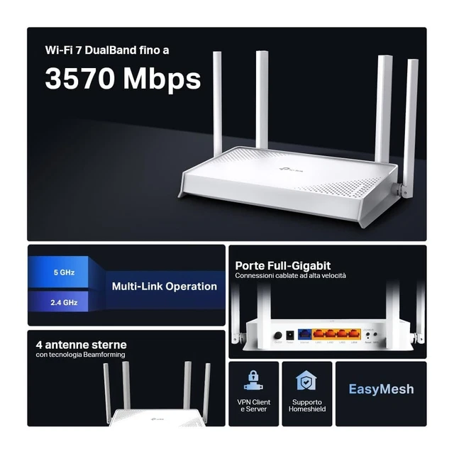 TP LINK WI Fi 7 Archer BE220W Router Wi Fi BE3600Mbps Dual Band 5 Porte ...