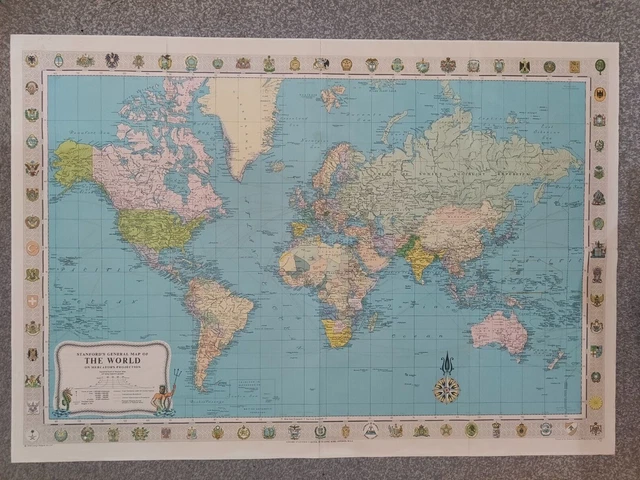 VINTAGE POLITICAL MAP-STANFORD'S General Map Of The World-1968 £57.92 ...