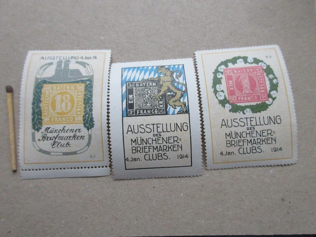 MÜNCHEN . 3 Reklamemarken (Vignetten) : Briefmarken - Ausstellung 1914 ...