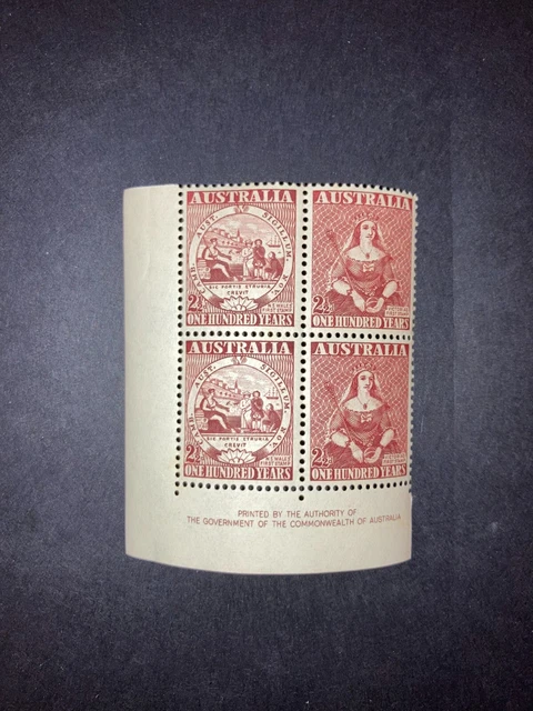 CENTENARY OF FIRST AUSTRALIAN STAMP 1950 - 2 1/2d IMPRINT BLOCK OF FOUR ...