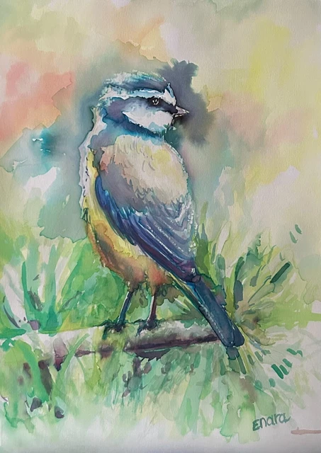 ENARA ART DECO toile tableau peinture encre signée papier petit oiseau ...