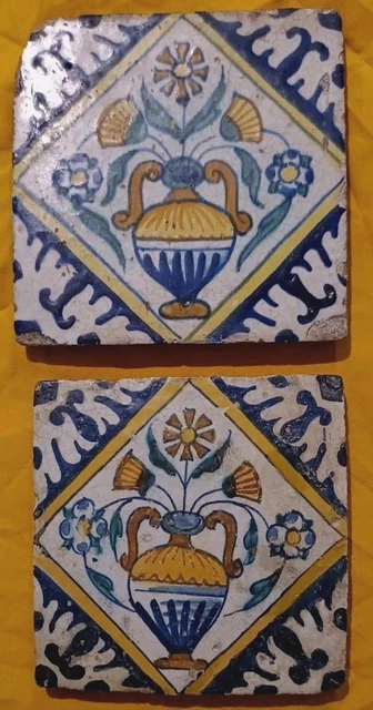 PAIR 2 ANTIQUE 17THC Dutch DELFT polychrome Tiles Flowers Early 1600 C ...