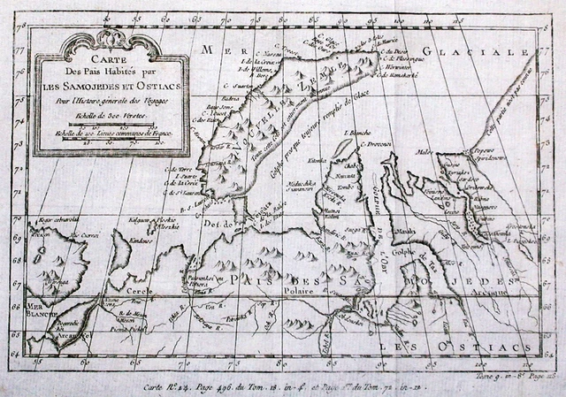 ANTIQUE MAP, BELLIN, Carte des pais habites par les Samojedas et ...