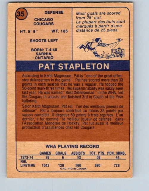 VINTAGE HOCKEY CARD Opc 1974 Wha Chicago Cougars Pat Stapleton No11 $6. ...