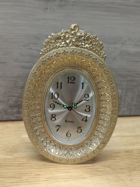 VINTAGE BULOVA CHAMPANGNE Gold Nightstand Alarm Clock Oval 6” x 4” £39. ...