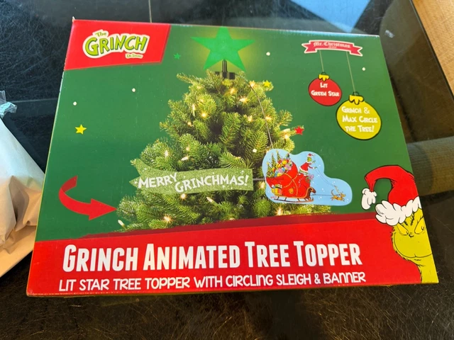 MR. CHRISTMAS ANIMATED Grinch Sleigh Tree Topper w Banner Merry ...