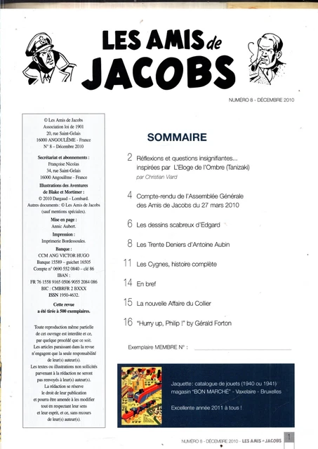 LES AMIS DE JACOBS n°8. Décembre 2010 16 pages 500 ex. AVEC JAQUETTE ...
