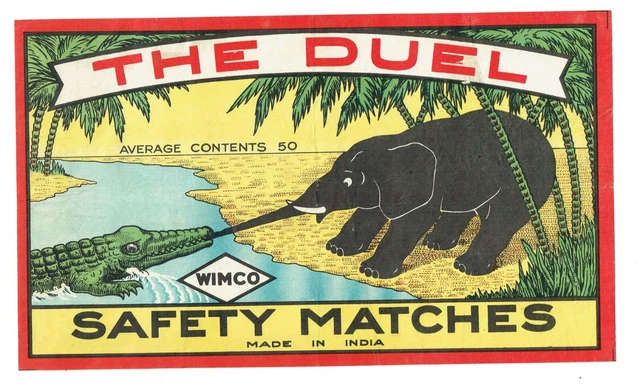 DUEL CROCODILE ELEPHANT Kipling Safety Matchbox Crate Label WIMCO India ...