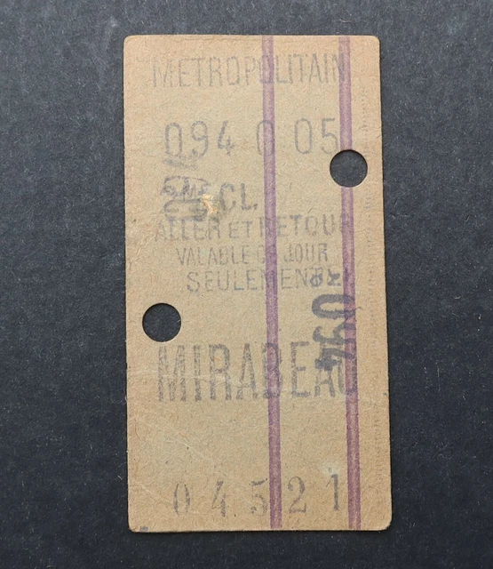 ANCIEN TICKET PARIS Métro 1930 MIRABEAU 04521 Metropolitain 34 EUR 2,50 ...
