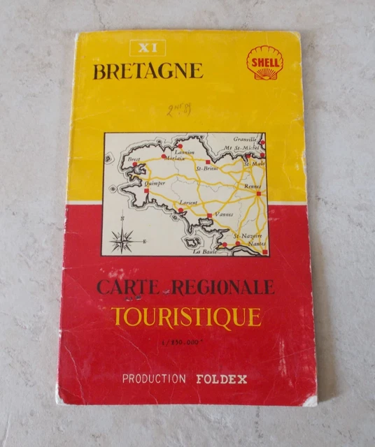VINTAGE FRANCE BRITTANY Road Map Oil SHELL french 1960s Foldex old ...