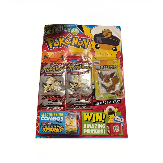 POKEMON MAGAZINE #106 2025 + 2 Fun packs Destined Rivals cards & Eevee ...