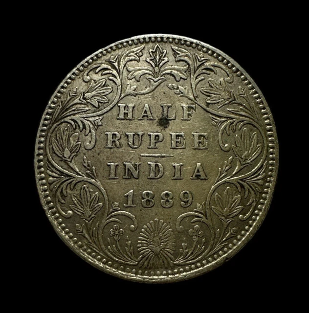 1889 BRITISH INDIA 1/2 Half Rupee Queen Victoria Silver Coin Type II ...