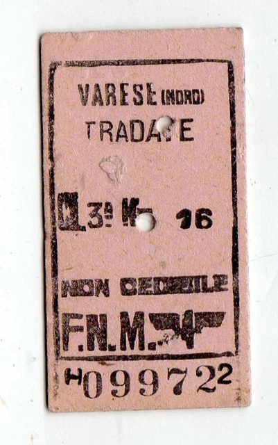 BIGLIETTO TICKET Edmonson Ferrovie Nord Milano Varese Tradate 18-9-1953 ...
