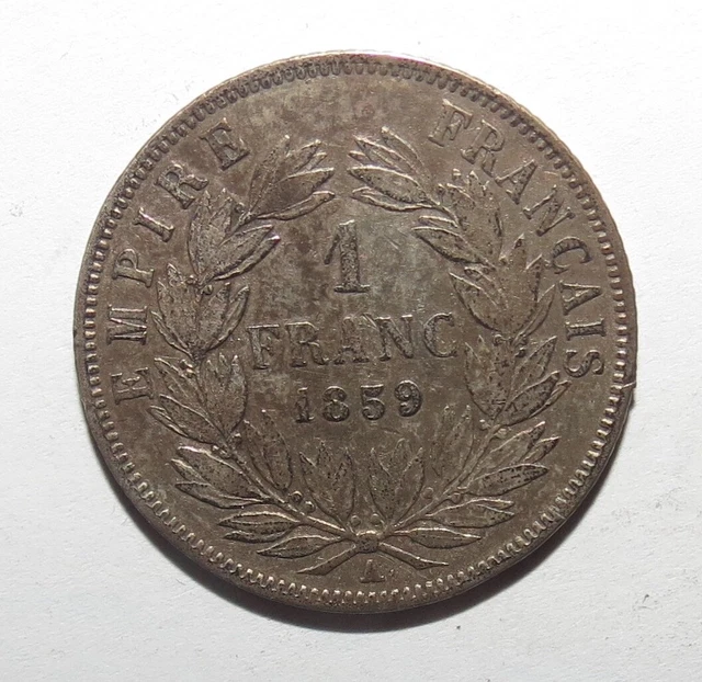 RARE 1 FRANC 1859 A Napoléon III Tête nue Argent Silver EUR 1,00 ...