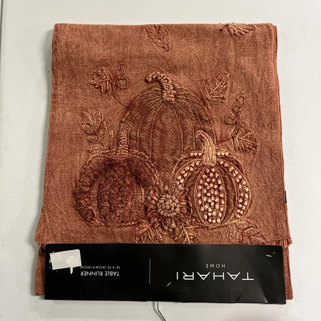 TAHARI HOME TABLE Runner Burnt Orange Pumpkin Fall Embroidered Fringe ...