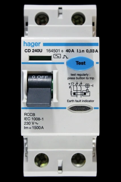 HAGER 40 AMP 30mA DOUBLE POLE RCCB RCD TYPE AC CD 240U 164501 £20.95 ...