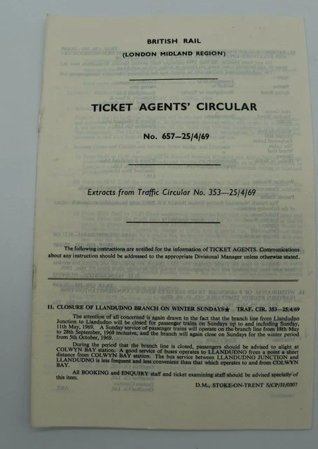 BRITISH RAILWAYS (LM Region) Ticket Agents' Circular No.657 25/4/69 £3. ...