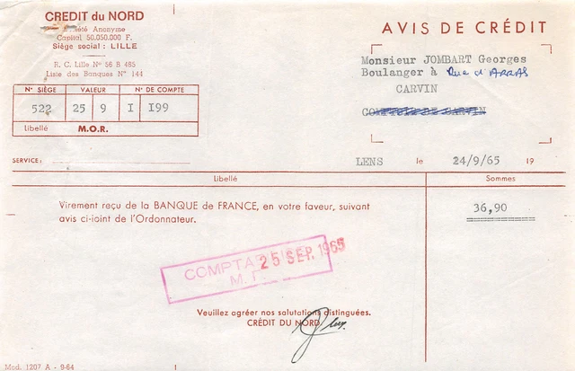 FACTURE CREDIT DU NORD A LILLE - M JOMBART BOULANGERIE A CARVIN EUR 10 ...