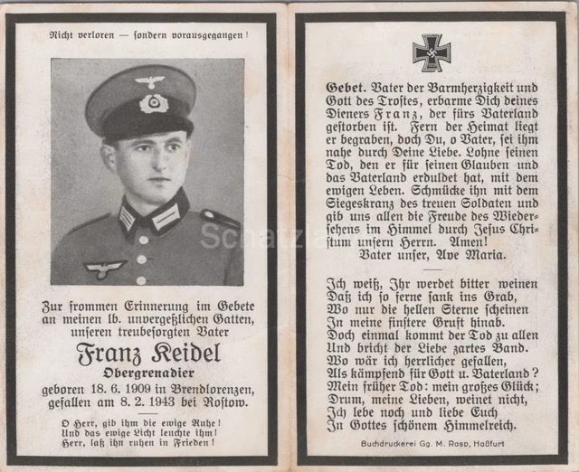 NACHRUF AN SOLDAT Keidel Obergrenadier gefallen in Rostow 1943 (MJ-52 ...