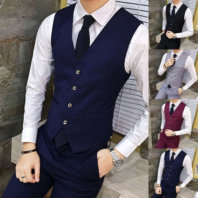 GILET SANS MANCHES pour hommes formel affaires col en V couleur unie ...