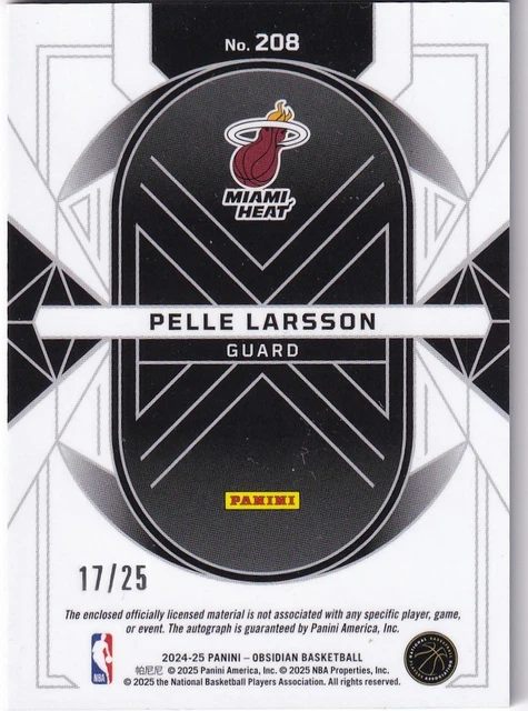2024-25 PANINI OBSIDIAN NBA No. 208 Pelle Larsson Rookie Patch Auto 17/ ...