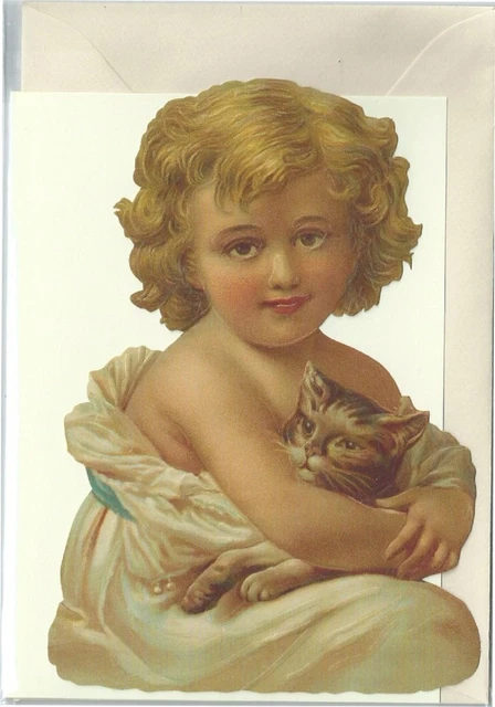 GLANZBILDER OBLATEN SCRAPS Aufstellkarte Glückwunschkarte Kind Mädchen Katze ef EUR 3,00 ...