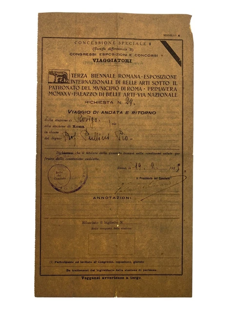 BIGLIETTO PIO PULLINI Partecipazione Alla Biennale Di Roma Originale 25 ...