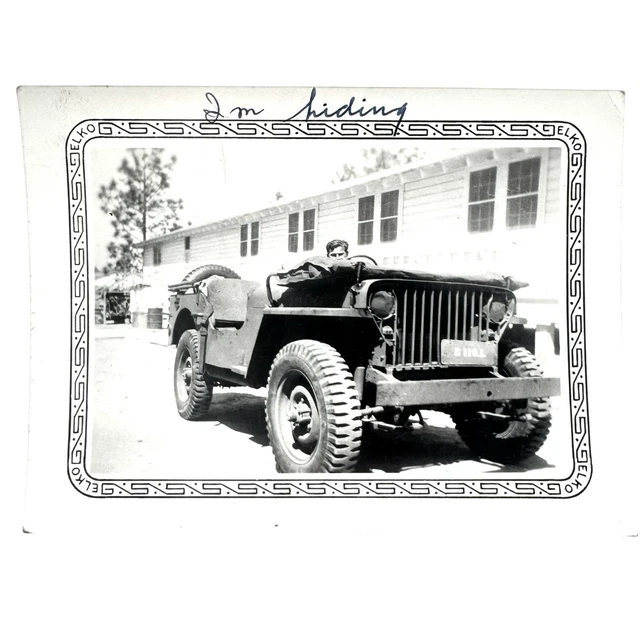 VINTAGE 1940S WWII American Soldier Peeking Behind Jeep Funny B&W ...