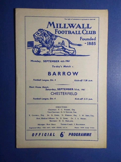 MILLWALL V BARROW 4th September 1961 Vgc £2.23 - PicClick UK
