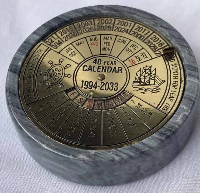 DESK PAPERWEIGHT PERPETUAL Calendar Grey Marble Brass Dial 40 Year 1994 ...