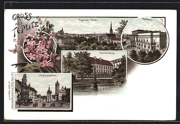 LITHOGRAPHIE TEPLITZ SCHÖNAU / Teplice, Herrenhaus, Theater ...