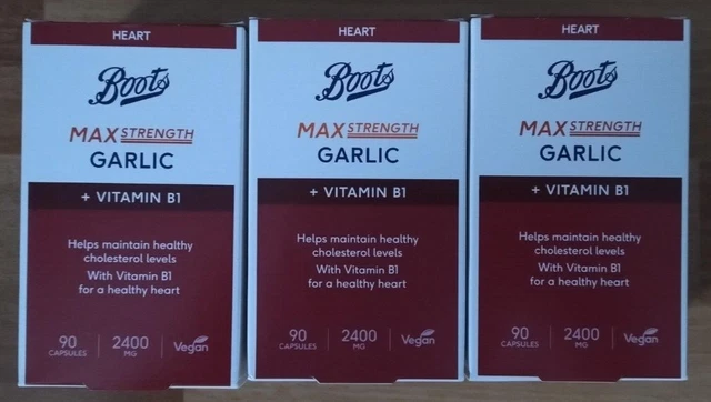 3 X BOOTS Max Strength Garlic 2400mg + Vitamin B1 90 Capsules Each (270 ...