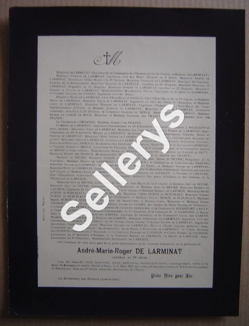 FAIRE-PART DE DÉCÈS du Caporal André Marie Roger de LARMINAT EUR 24,90 - PicClick FR